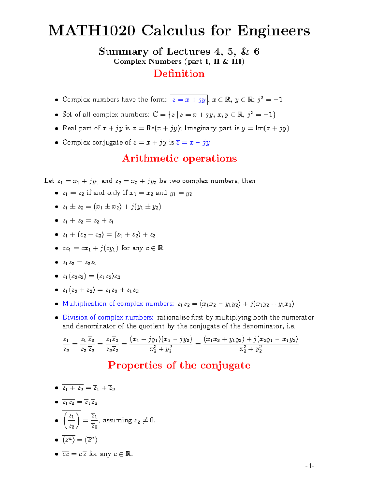 MATH1020 Final Exam Summary: Lectures 4, 5 & 6 on Complex Numbers - Studocu