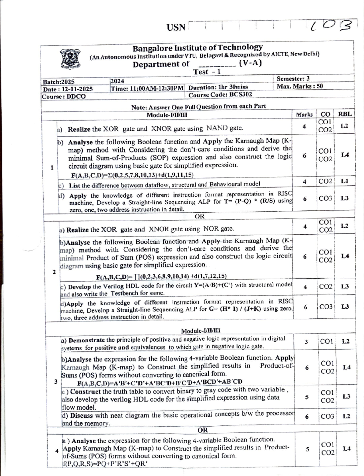 DDCO I BCS302 II Sem: Test Paper on Boolean Functions & Logic Gates ...