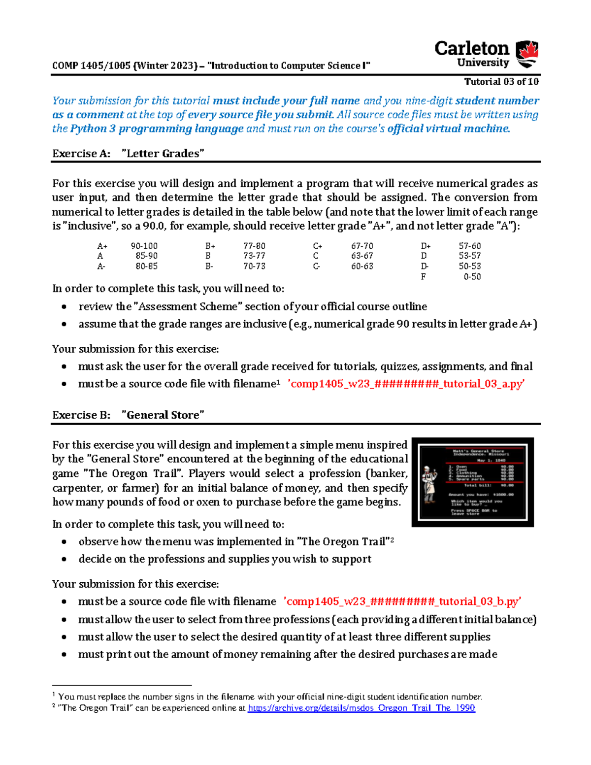 Specification for Tutorial 03 - COMP 1405/1005 (Winter 2023) − "Introduction to Computer - Studocu
