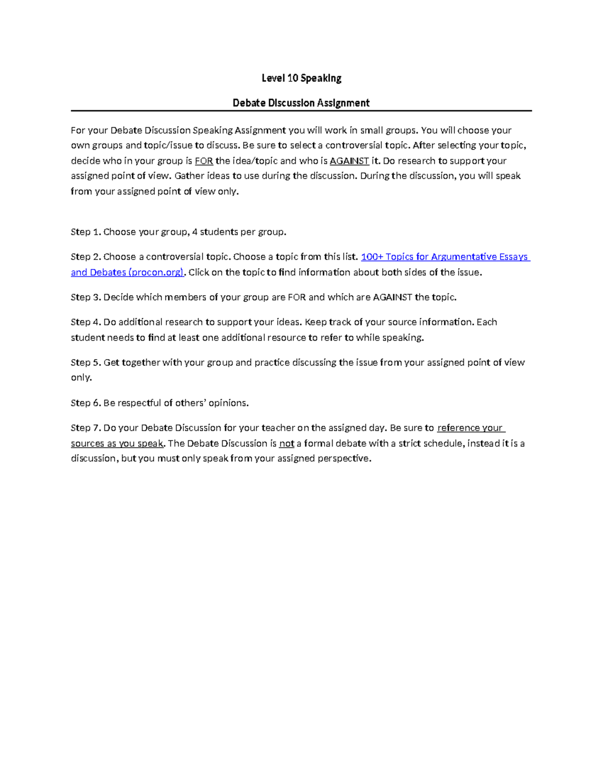 Level 10 Speaking: Debate Discussion Assignment Guide - Studocu