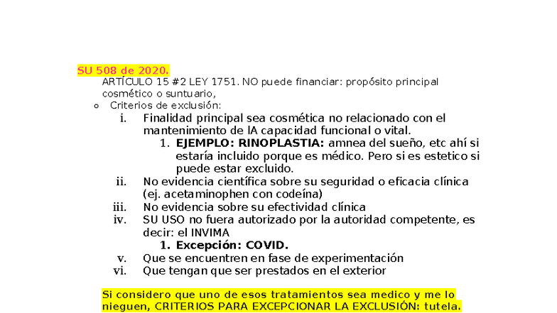 SU 508 de 2020: Resumen de Exclusiones y Tutelas en Salud - Studocu