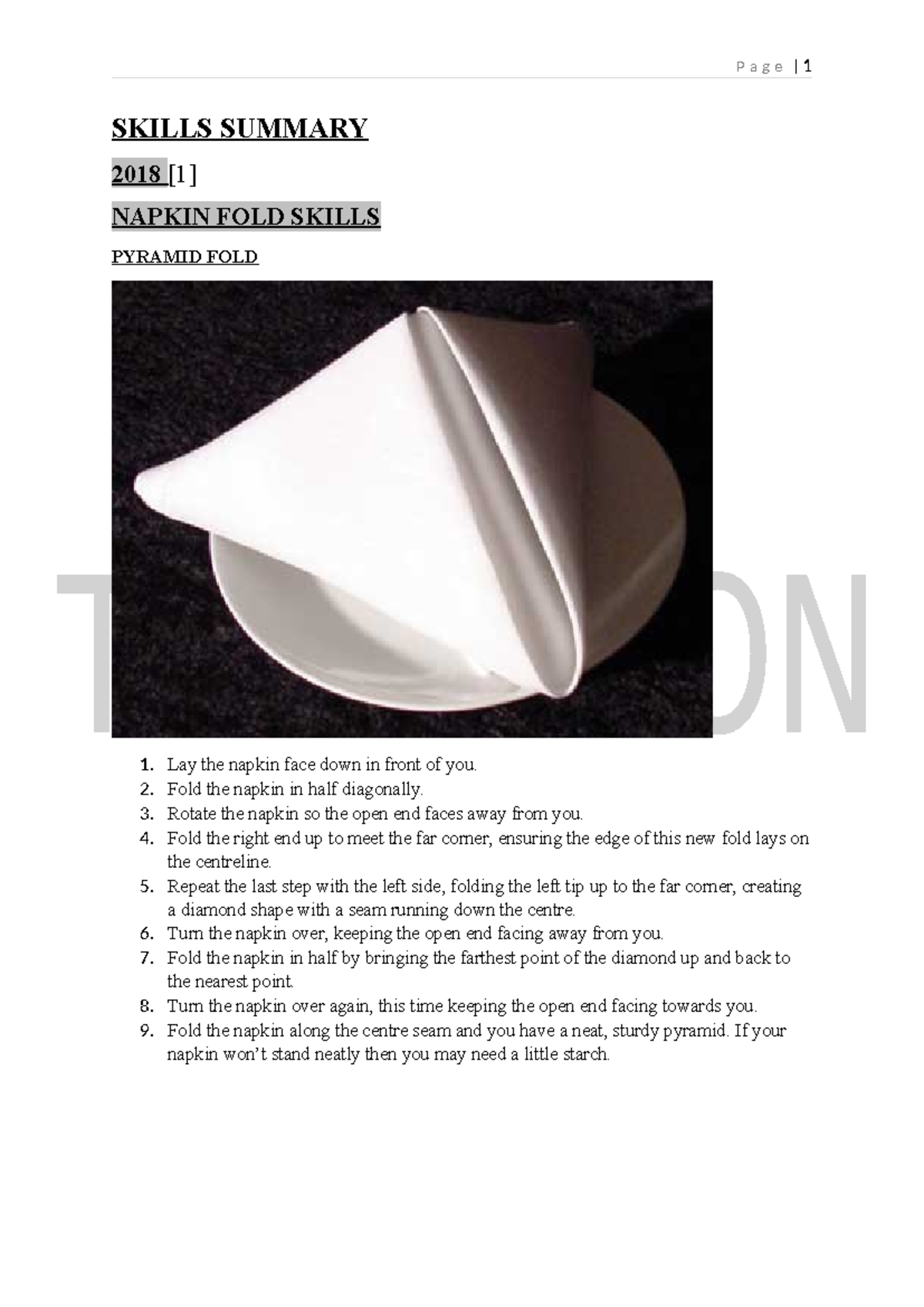 Napkin Folding Techniques for Service Skills (2023) - Studocu