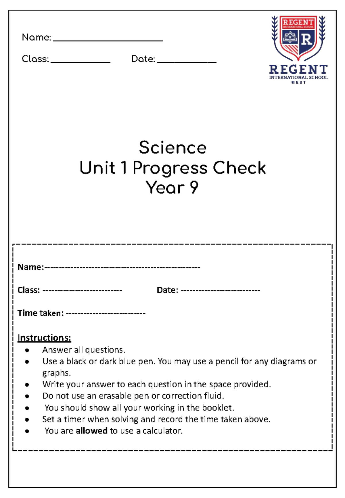 Y9 Science Unit 1 Progress Check: Structured Questions & Instructions ...