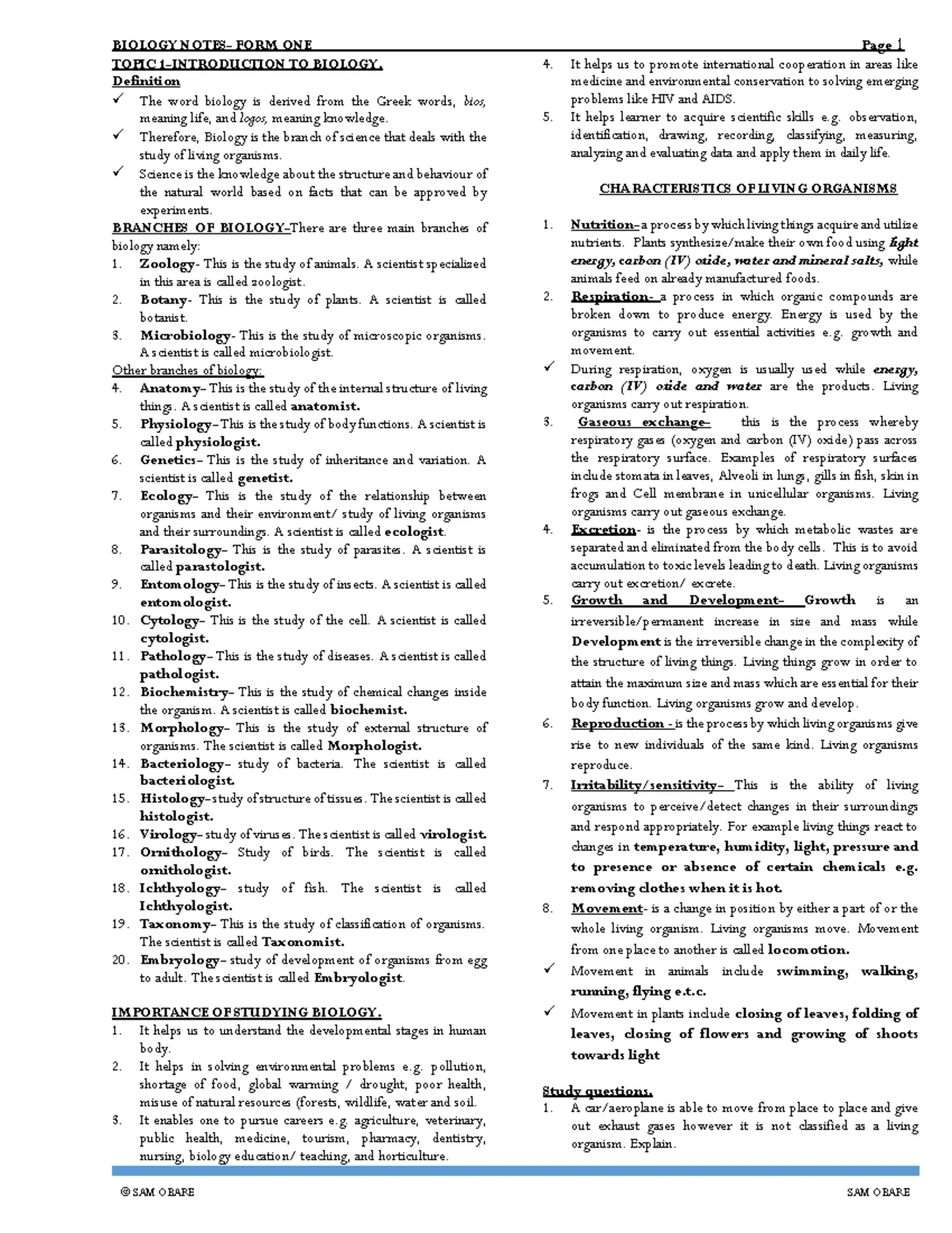 Form 3 notes-1 - Summarized notes - TOPIC 1- CLASSIFICATION 2 ...