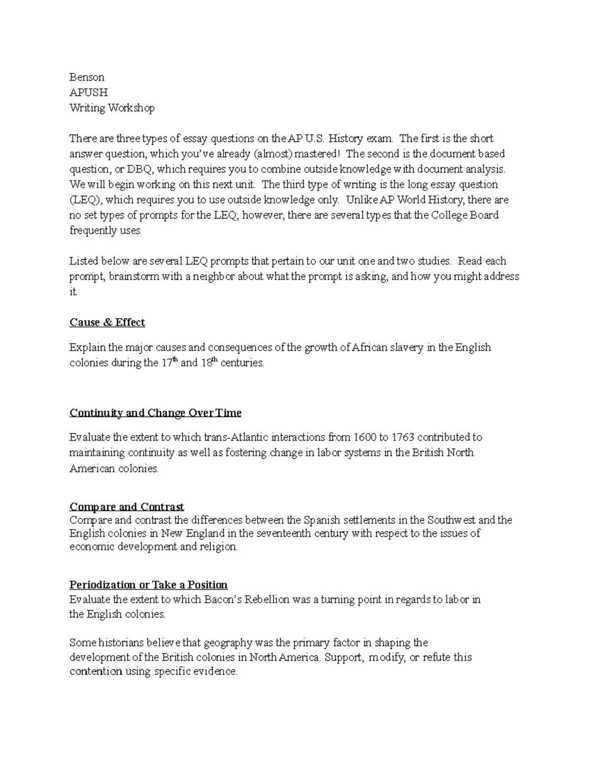 APUSH LEQ Guide: Overview & Sample Prompts for Essays - Studocu