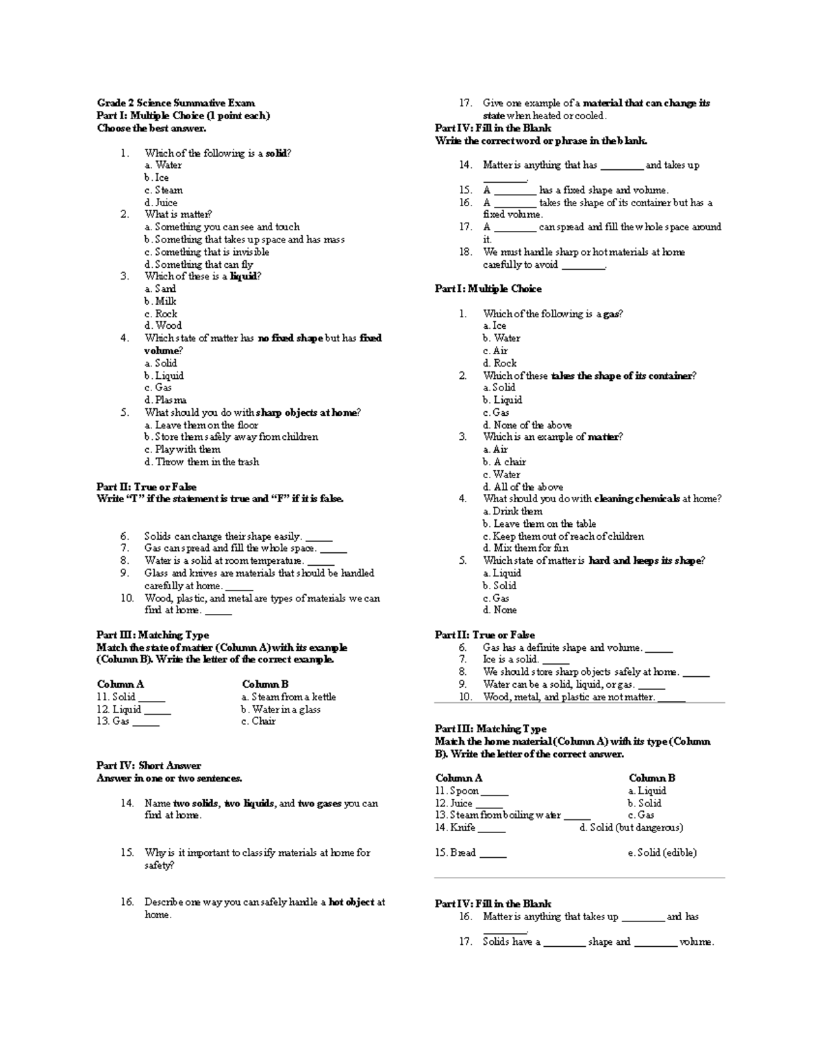 Grade 2 Science Summative Exam: States of Matter & Safety - Studocu