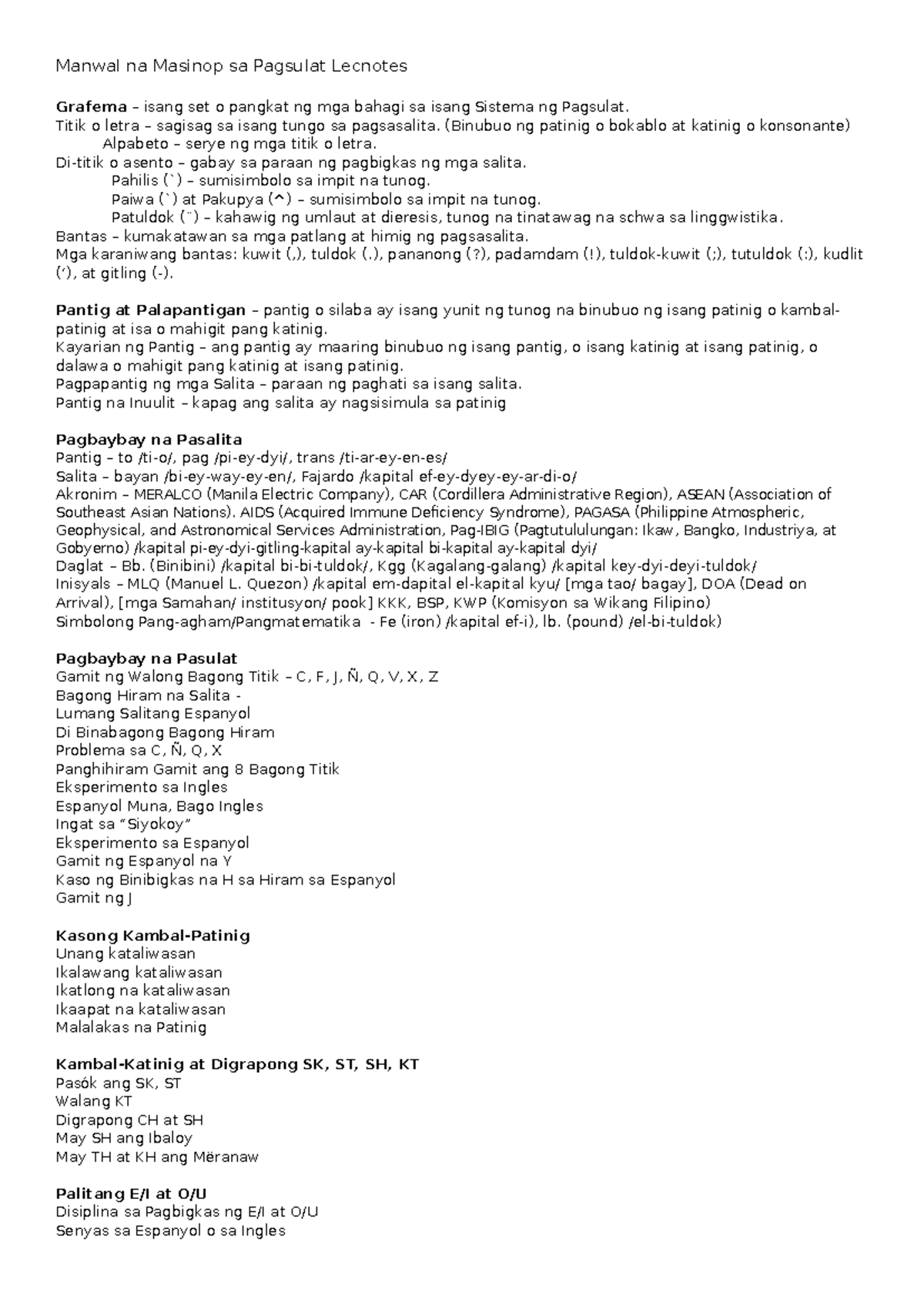 Manwal na Masinop sa Pagsulat Lecnotes - Titik o letra – sagisag sa ...
