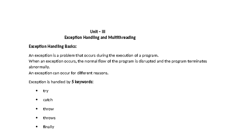 Unit 3 - Exception Handling & Multithreading Basics - Studocu