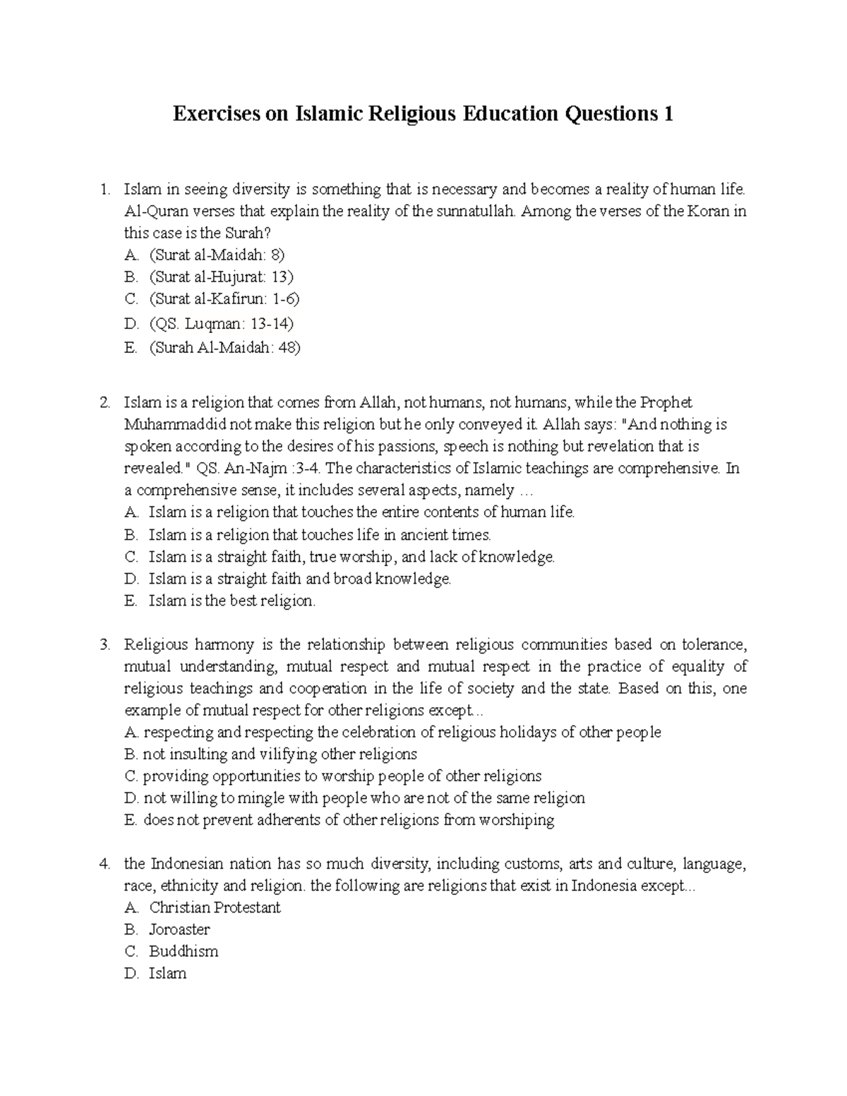 Exercises on Islamic Religious Education Questions 1 - Al-Quran verses ...