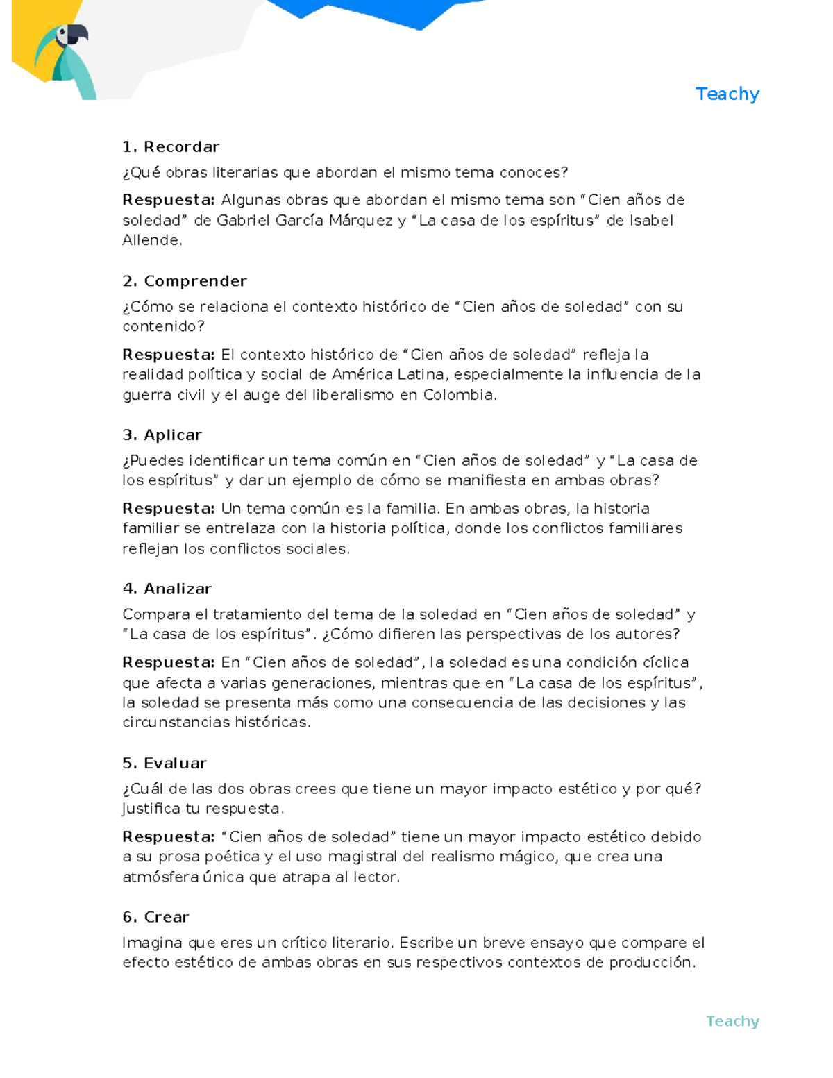 Preguntas de la Taxonomía de Bloom sobre "Cien años de soledad" y "La ...