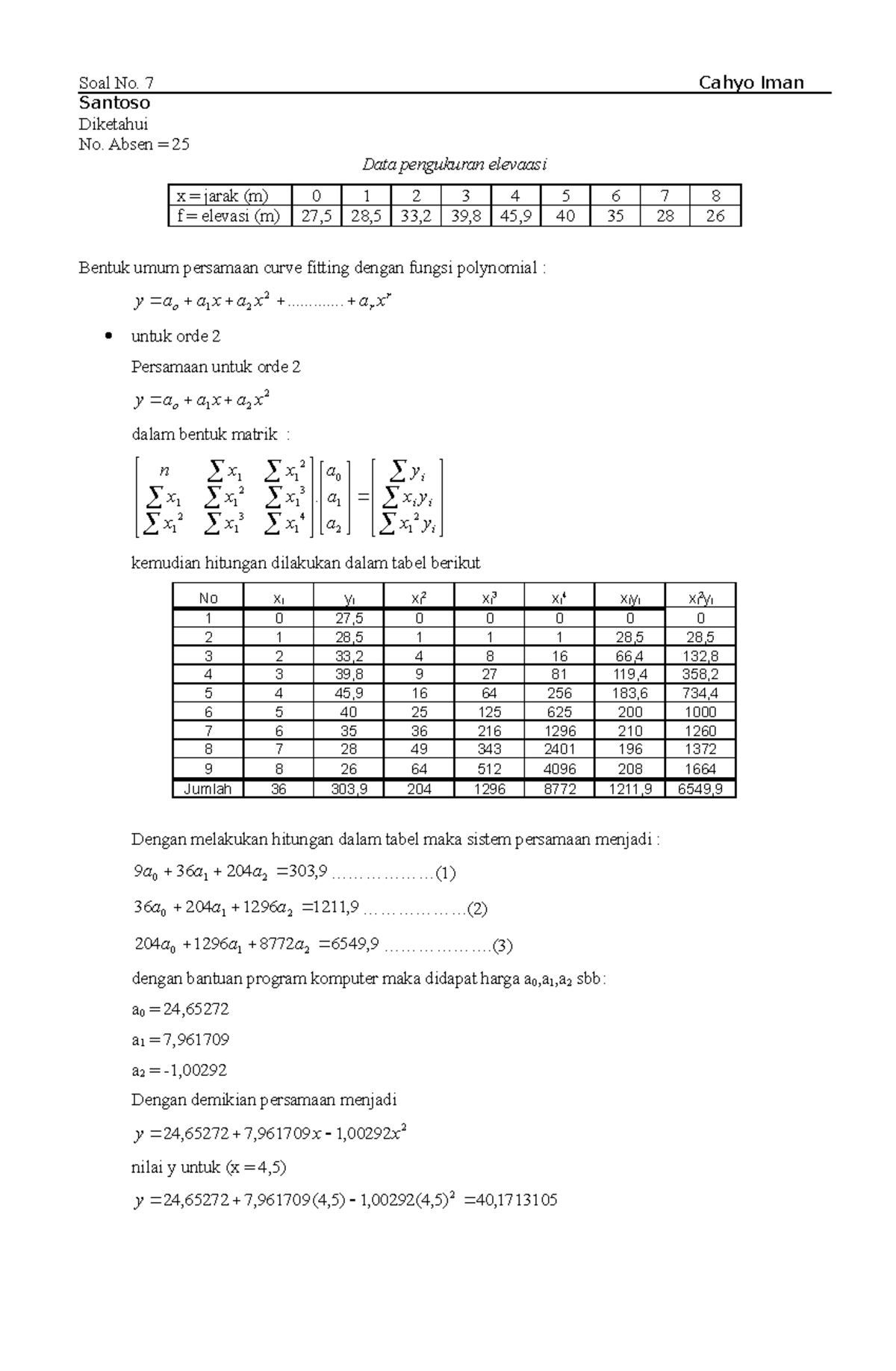 Soal 7 - Bentuk umum persamaan curve fitting dengan fungsi polynomial ...