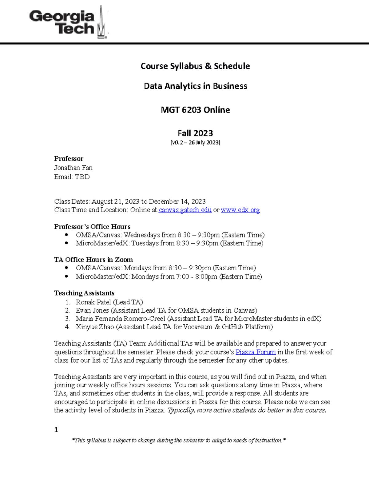 MGT 6203 Data Analytics in Business Syllabus - Fall 2023 - Studocu