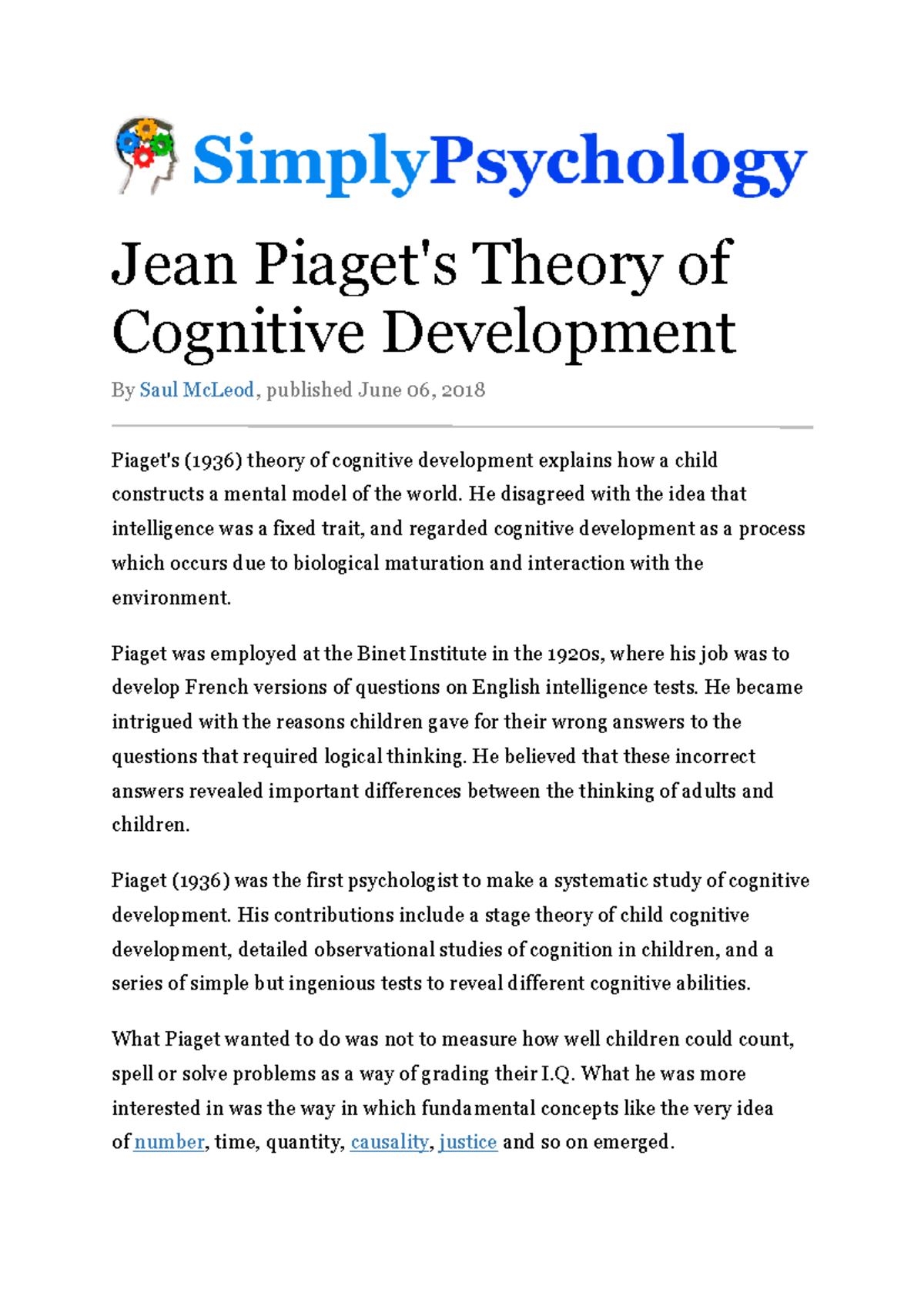 Piaget's Theory of Cognitive Development - Summary for A-level ...