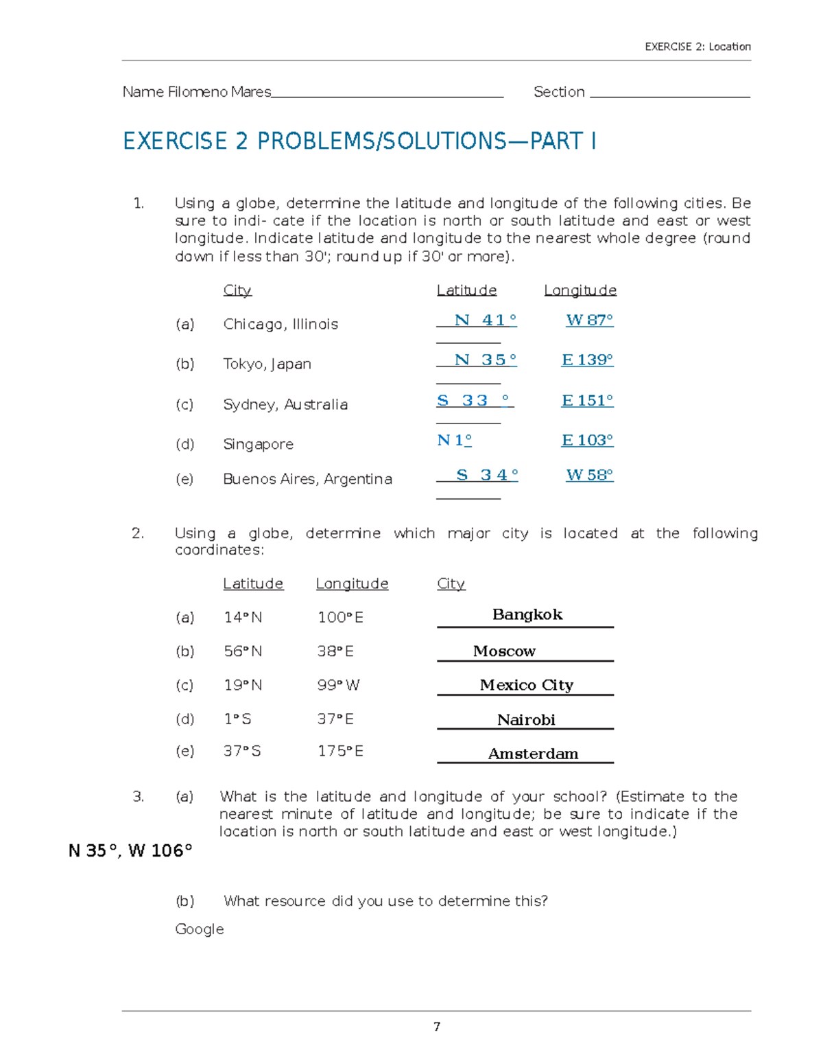 Mares Filomeno EX 02 Worksheet: Latitude & Longitude Exercises - Studocu