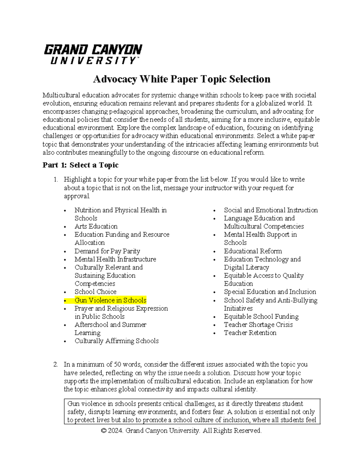 (Week 1) EDU-330-RS-T1-Advocacy White Paper: Topic Selection on Gun ...