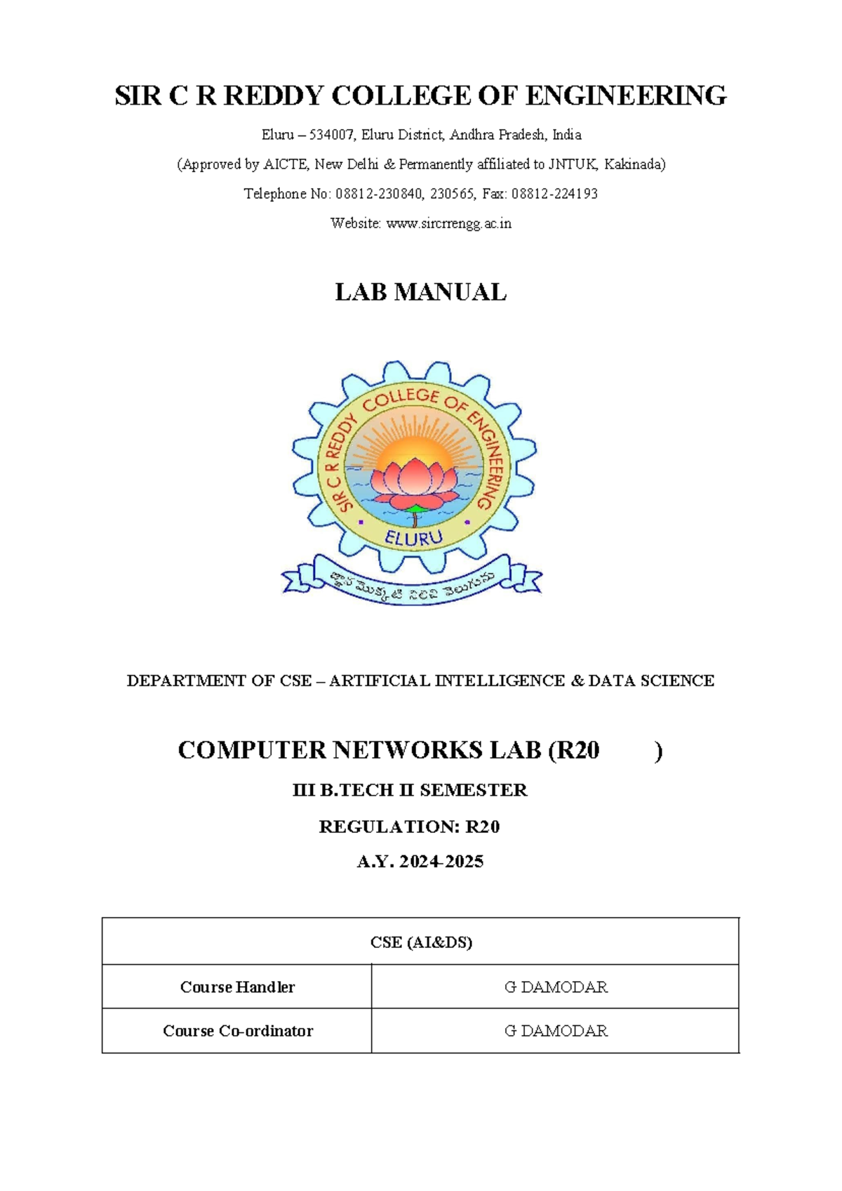 Computer Networks Lab Manual (R20) - III B. Tech II Semester - Studocu