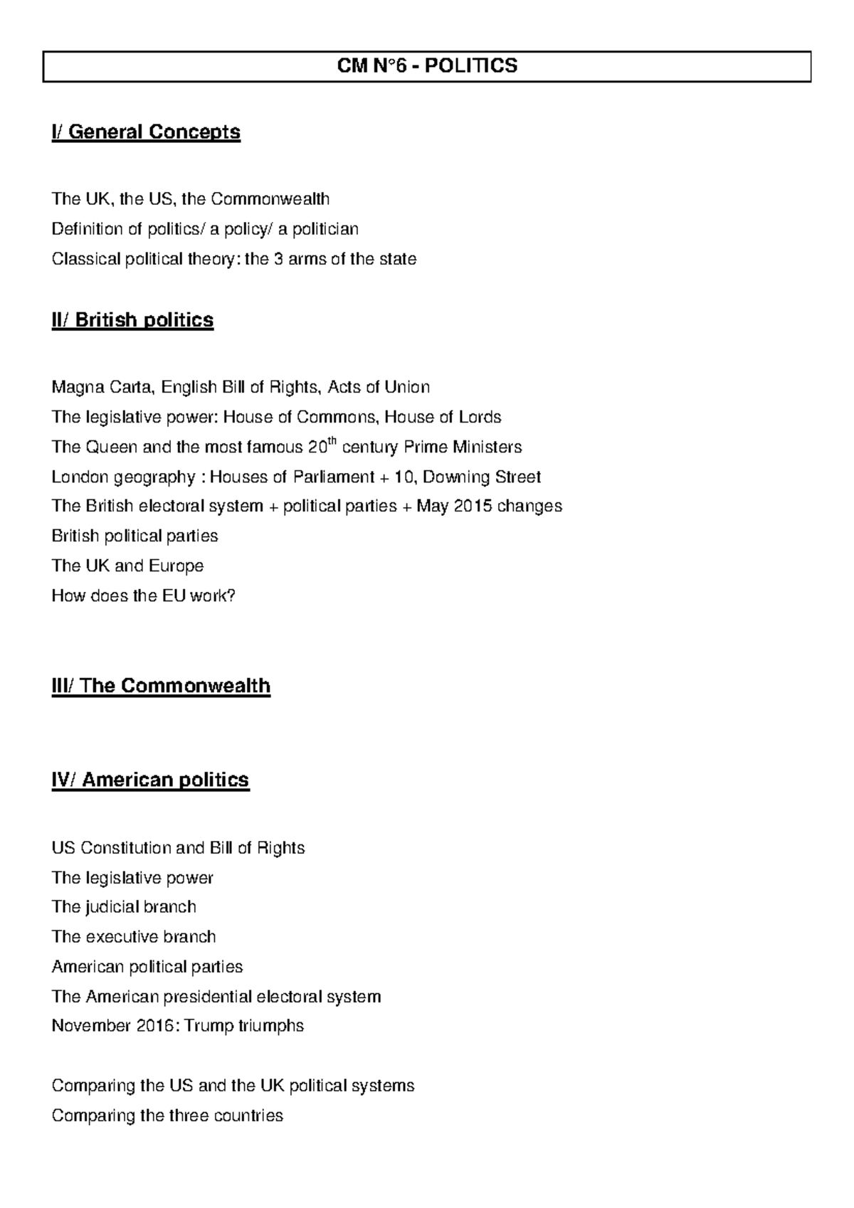 CM 6 - Politics - Lecture Plan: UK, US & Commonwealth Overview - Studocu