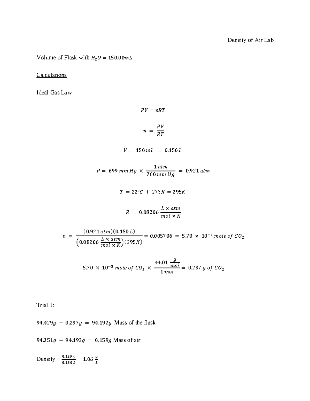 Density of Air Lab - Krista Nishida - Density of Air Lab Volume of ...