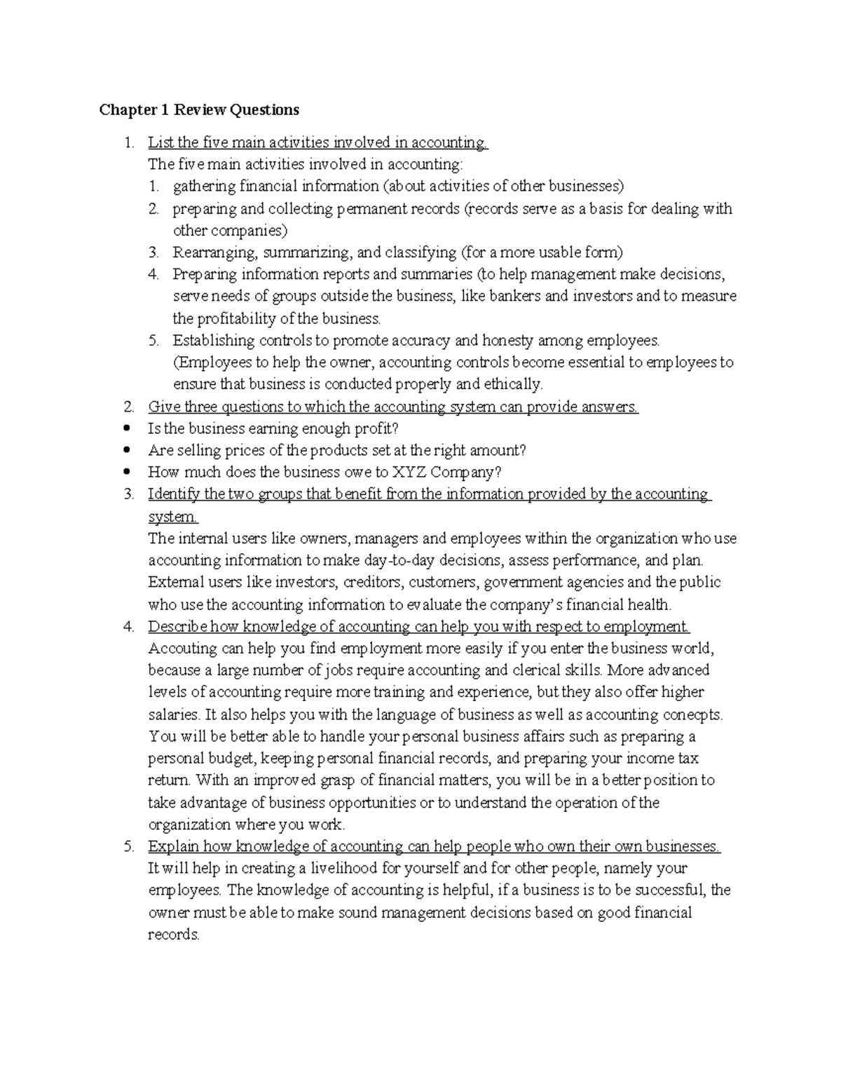 Chapter 1 Review Questions and Exercises for Accounting 101 - Studocu