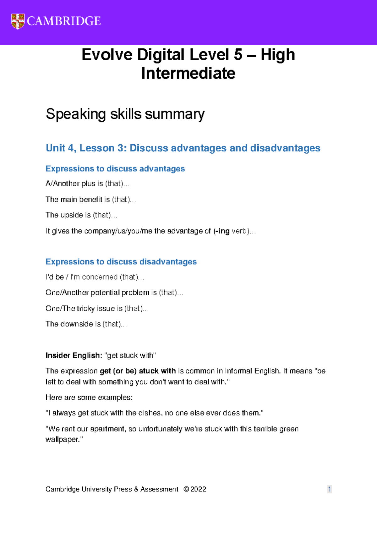 Unit 4 - High Intermediate Speaking Skills Summary (Evolve Digital L5) - Studocu
