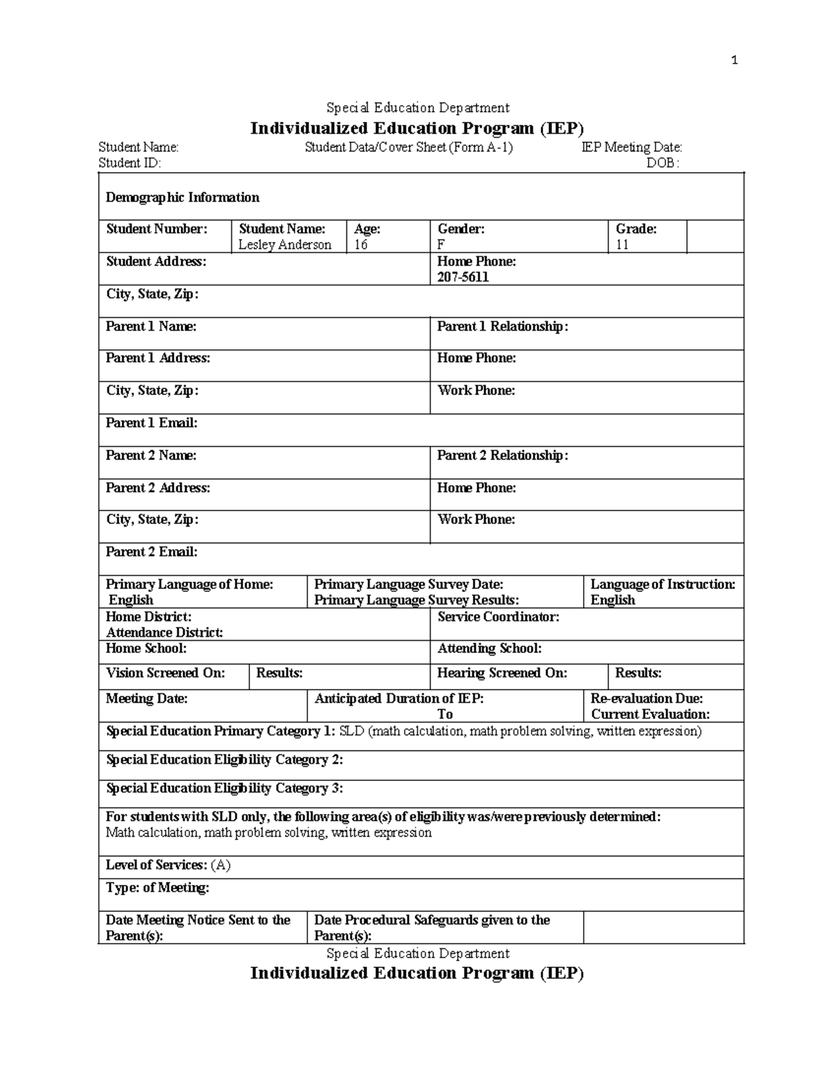 IEP for Lesley Anderson (Grade 11) - Special Education Dept. - Studocu
