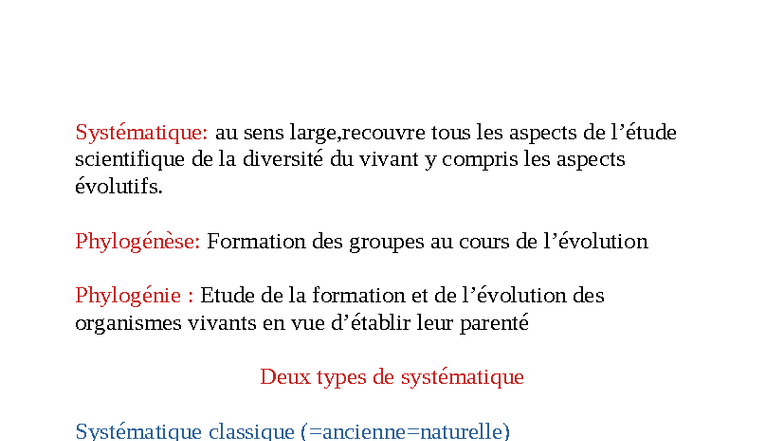 Cours 1 BIO VÉGÉ: Notes sur la Systématique et la Phylogénie - Studocu