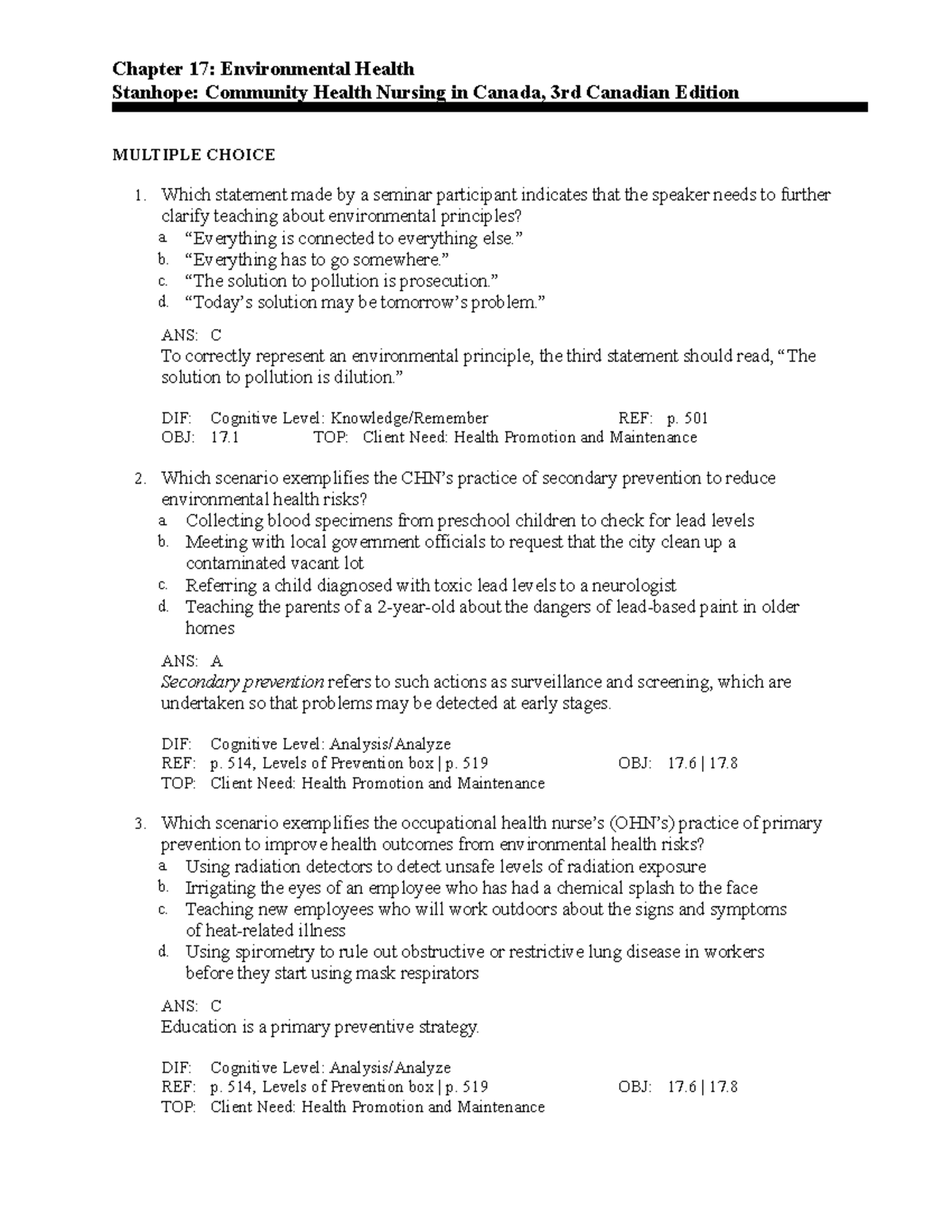 C17 - Environmental Health Test Bank Questions and Answers - Studocu