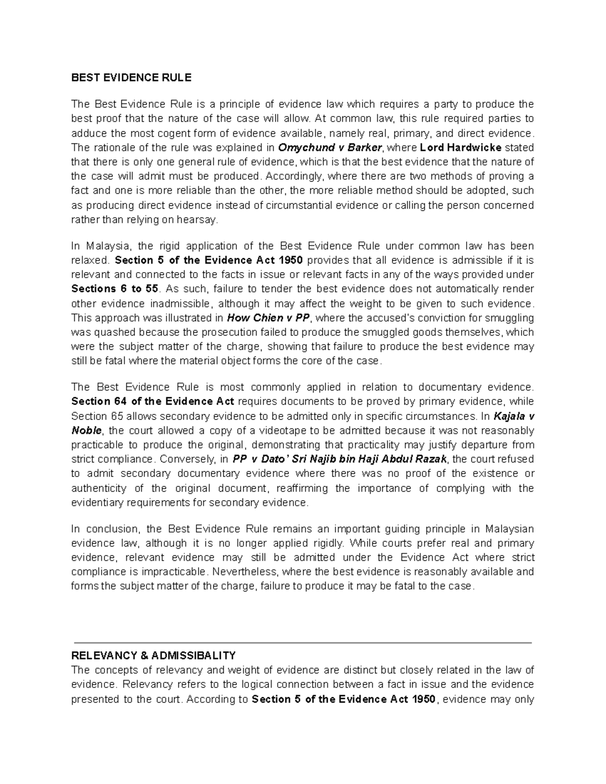 Best Evidence Rule & Relevancy in Evidence Law (LAW 101) - Studocu