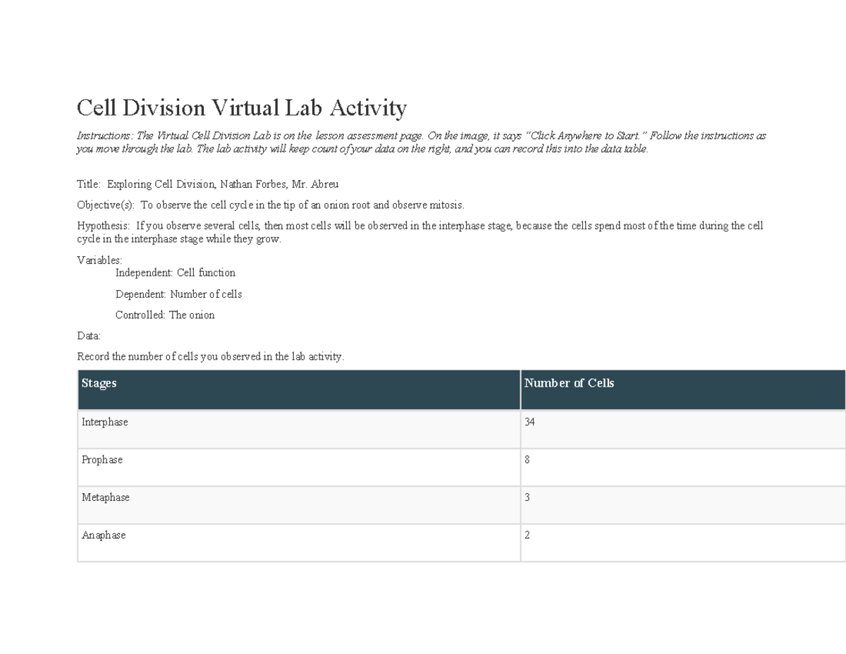 Nathan Forbes - Cell Division Virtual Lab Activity - Cell Division ...