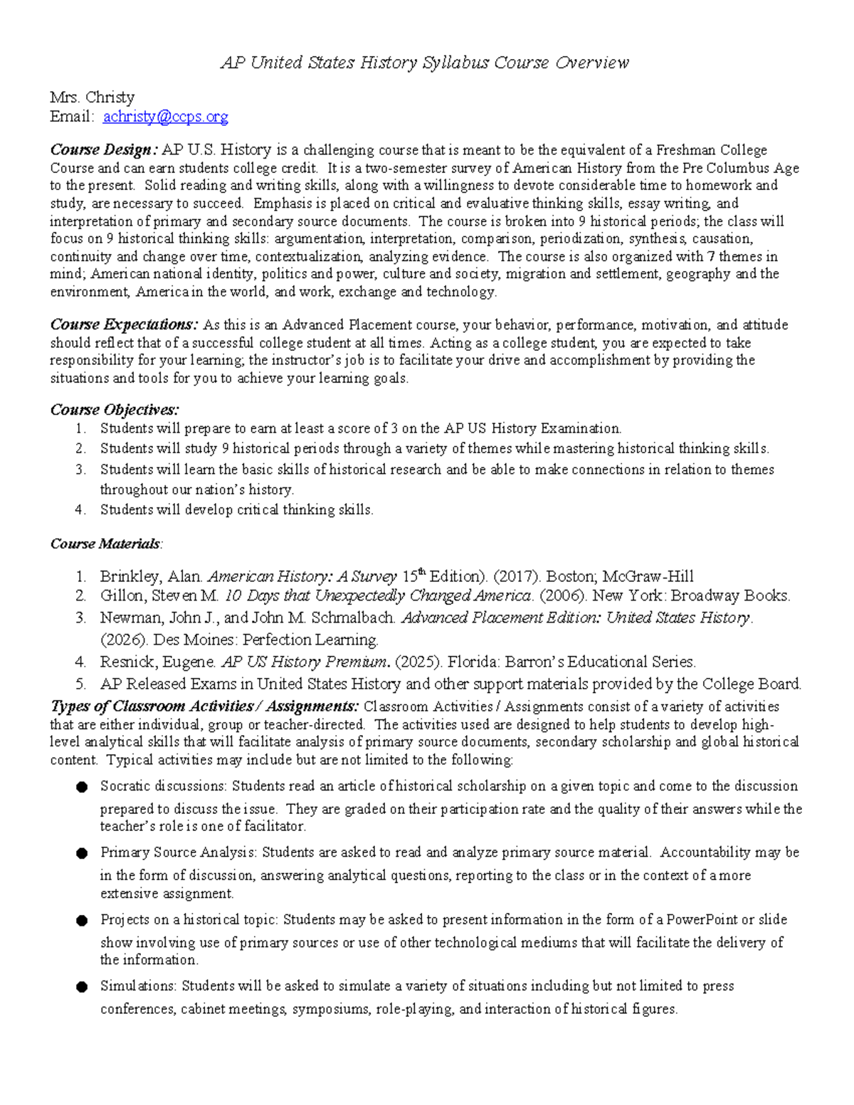 AP U.S. History Syllabus Overview: Course Expectations & Objectives ...