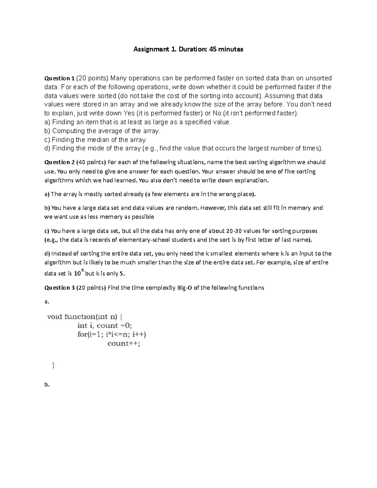 Assignment 1: Sorting Algorithms & Time Complexity Analysis - Studocu