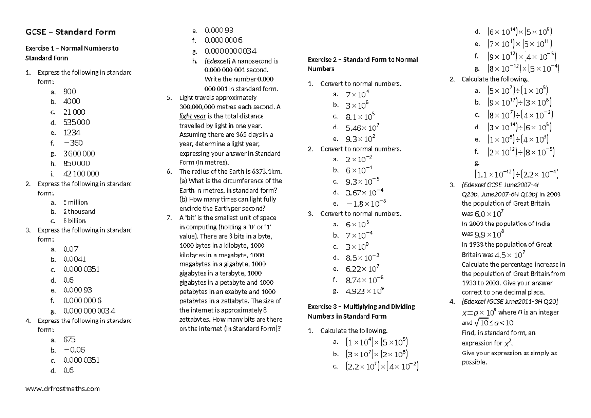 GCSE-Standard Form - Exercises and Practice Questions - Studocu