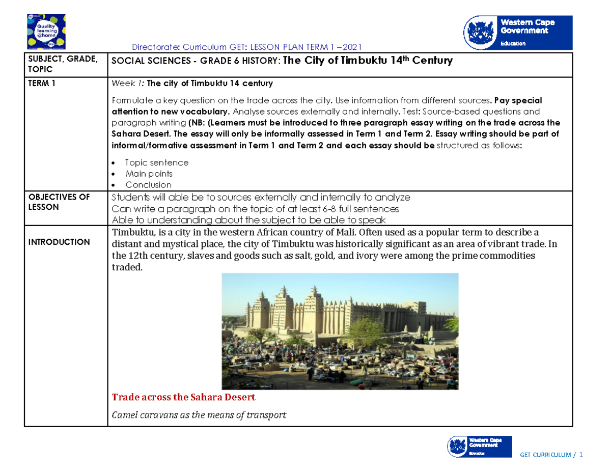 Lesson Plan SP Grade 7 SS History Term 1 Week 1: Timbuktu Trade - Studocu