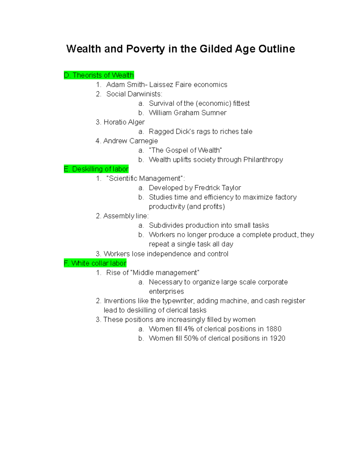 U.S. History Since 1877: Outline on Wealth & Poverty in the Gilded Age ...