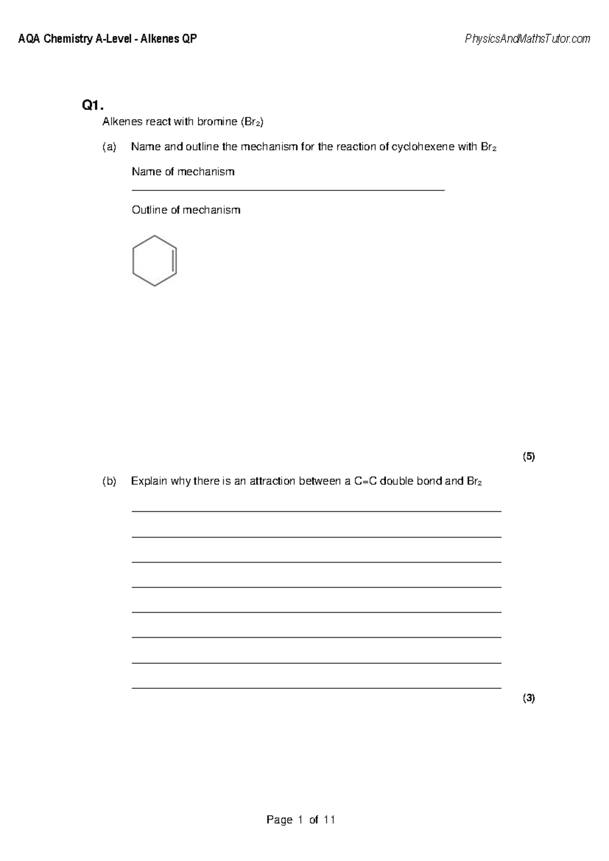 AQA Chemistry Alkenes QP 2016-21: Mechanisms and Reactions - Studocu