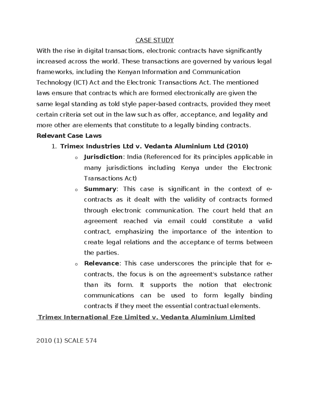 CASE Study: E-Contracts and Legal Framework in Kenya - Studocu