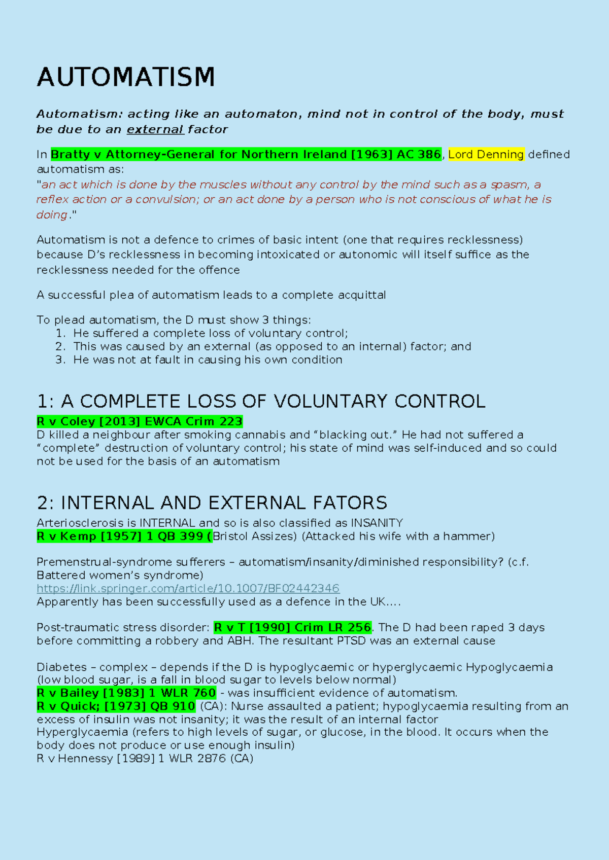 AUT 101: Understanding Automatism in Criminal Law - Studocu