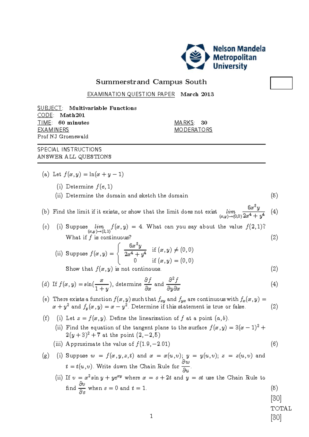 MATH201 Final Exam Question Paper - Multivariable Functions March 2013 ...