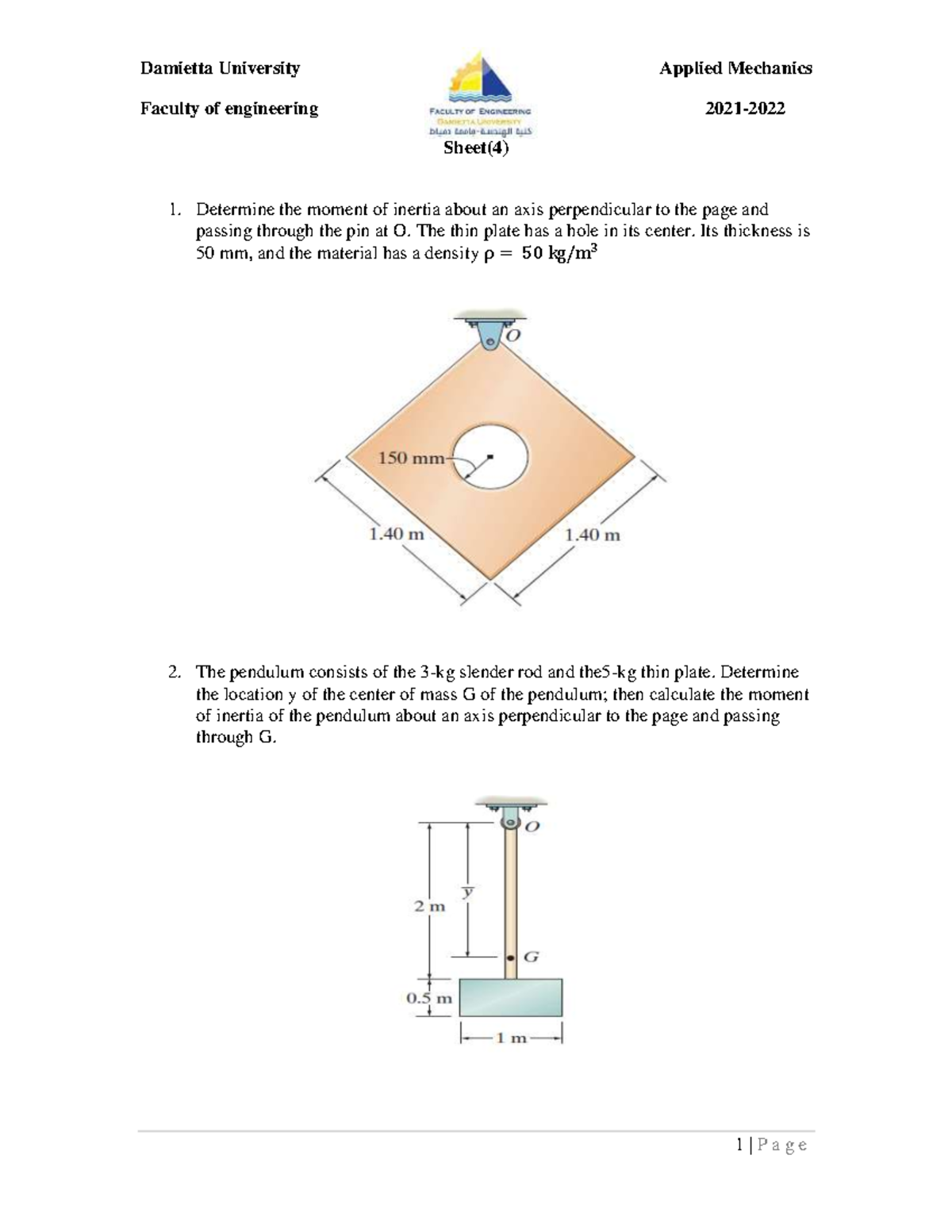 Planar Kinetics of Rigid Bodies: Force & Acceleration Problem Set - Studocu