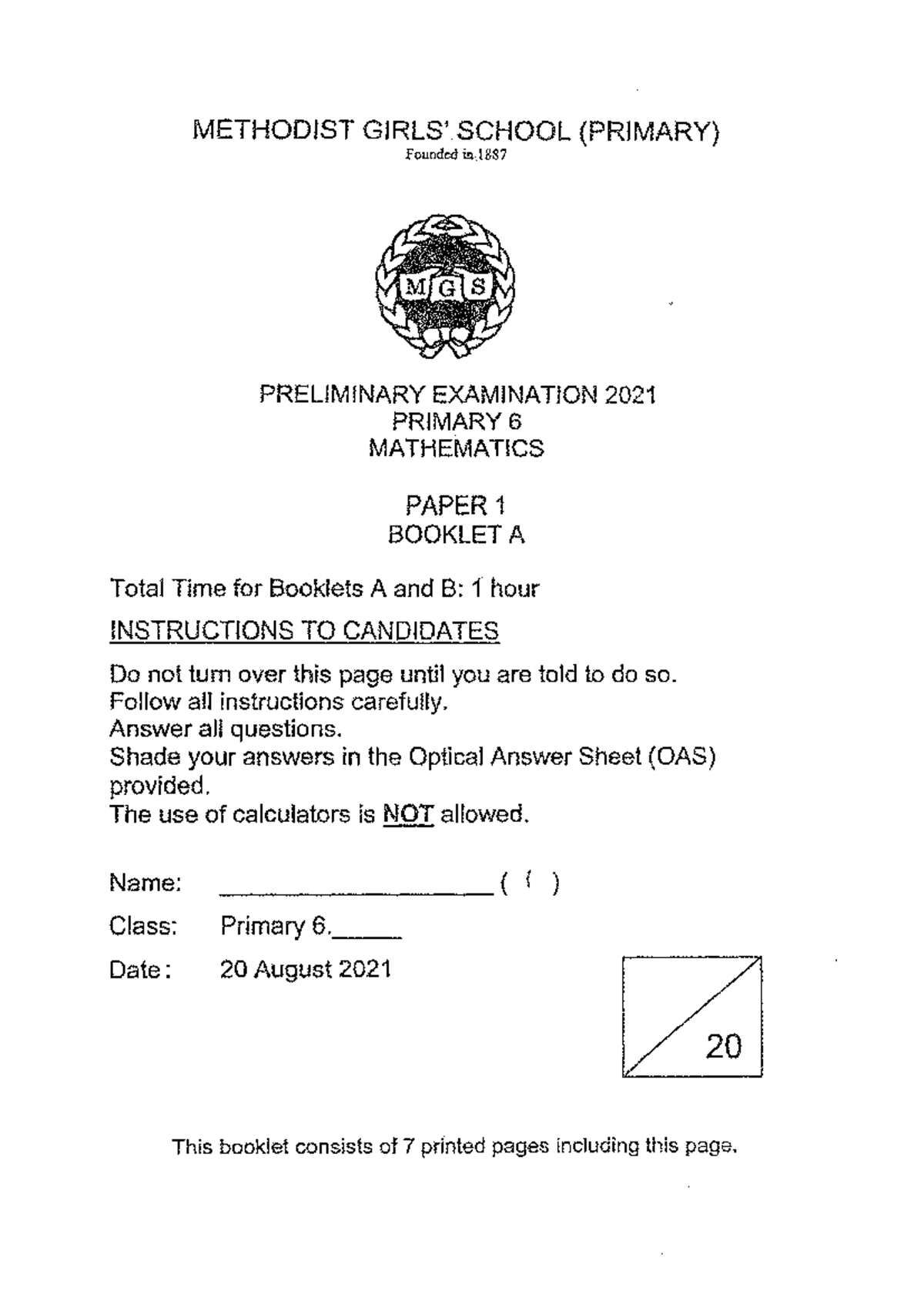 P6 Mathematics Preliminary Exam 2021 - Method School Paper 1 & 2 - Studocu