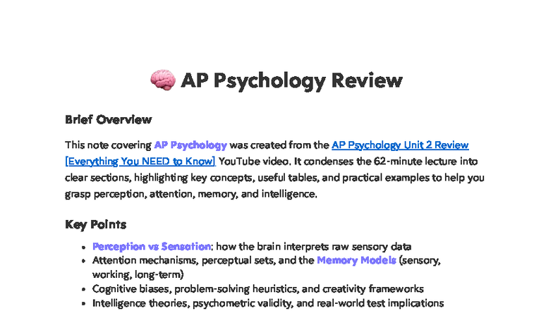 AP Psychology Unit 2 Review: Key Concepts in Perception & Memory - Studocu