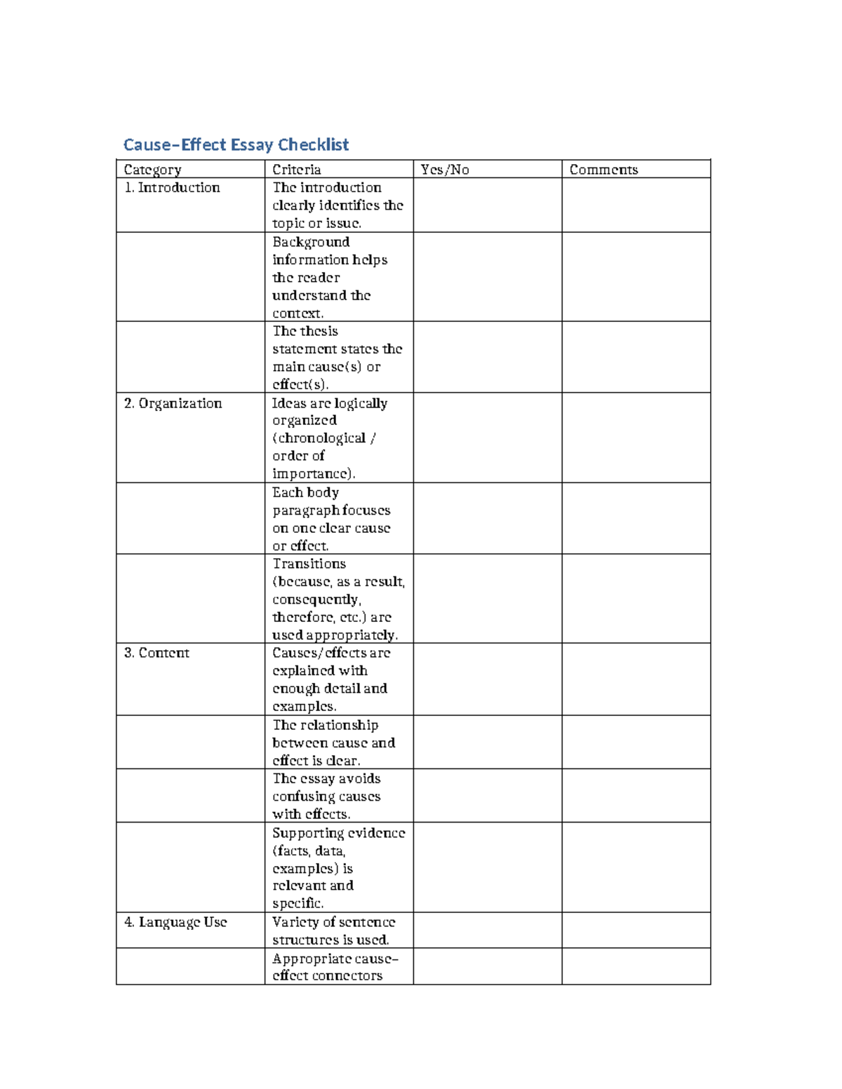 Cause-Effect Essay Checklist: Key Criteria for Success - Studocu