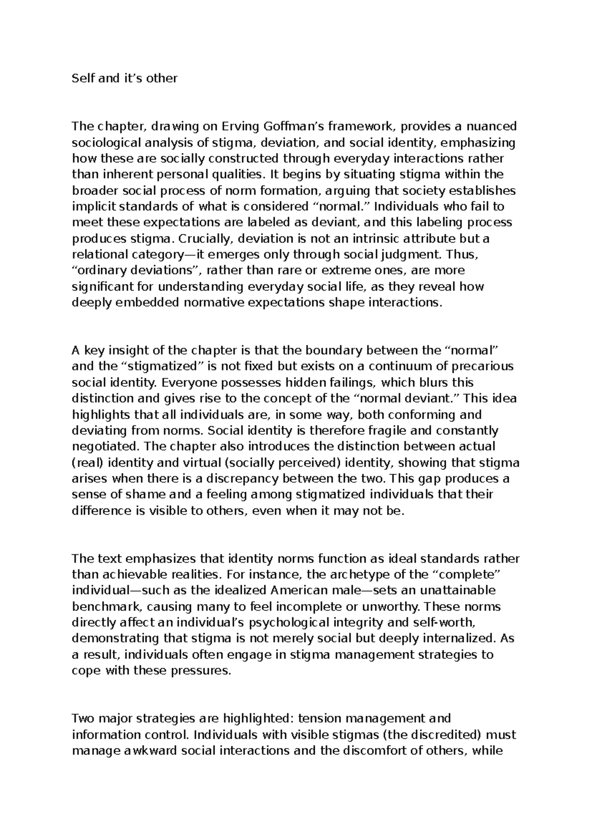 Sociological Analysis of Stigma and Identity: Self and Other (SOC 101 ...