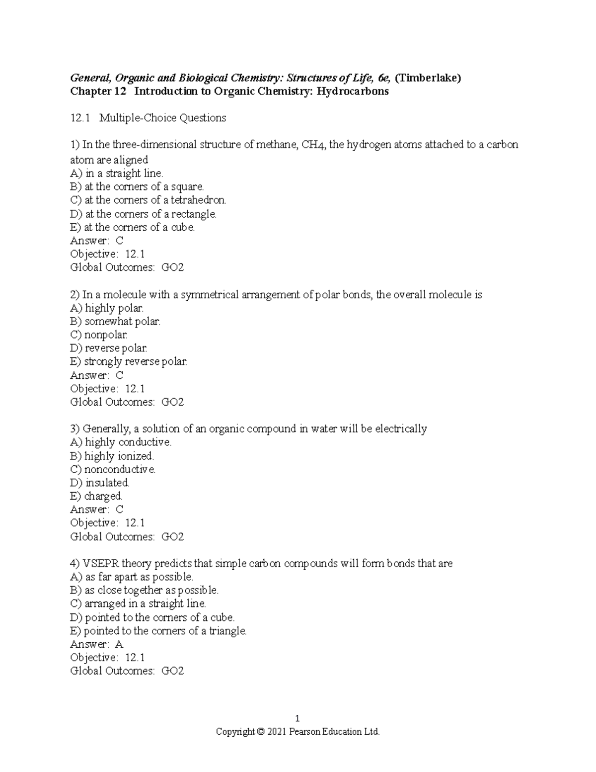 Pearson Organic Chemistry test-bank-chapter-12 - General, Organic and ...