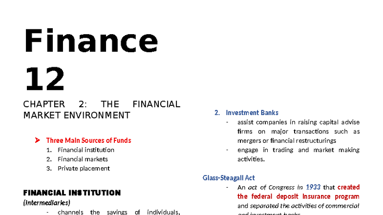 Finance 12: Chapter 2 - The Financial Market Environment Overview - Studocu