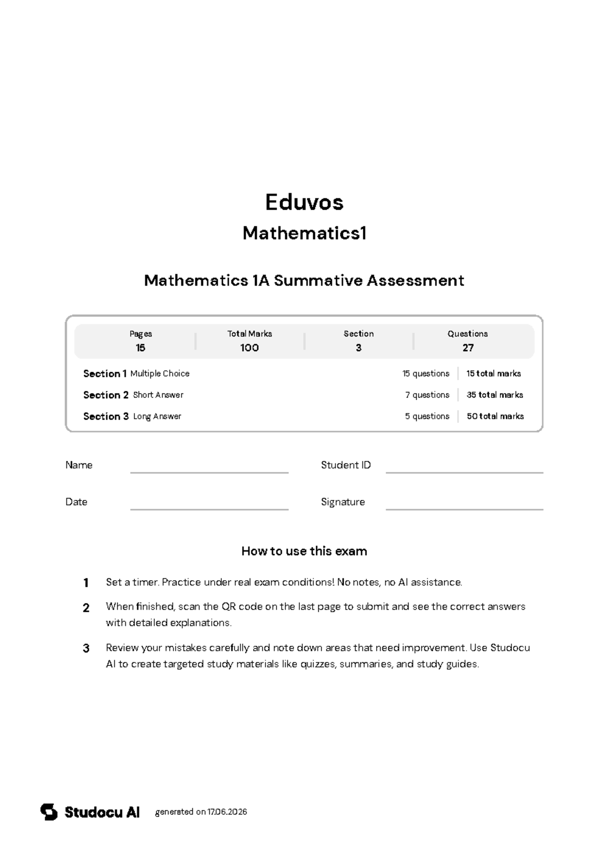 Mathematics 1A Final Exam Assessment - Studocu