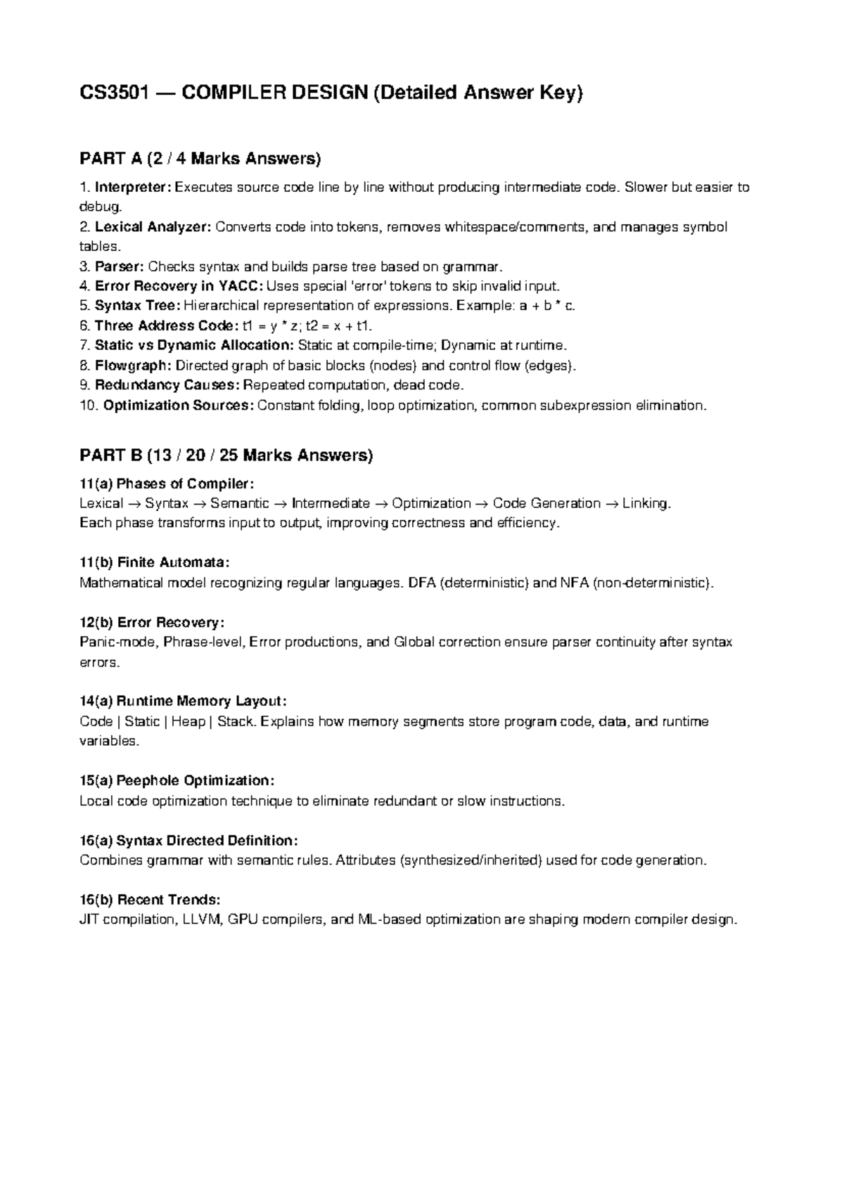 CS3501 Compiler Design (Detailed Answer Key) - Part A & B - Studocu
