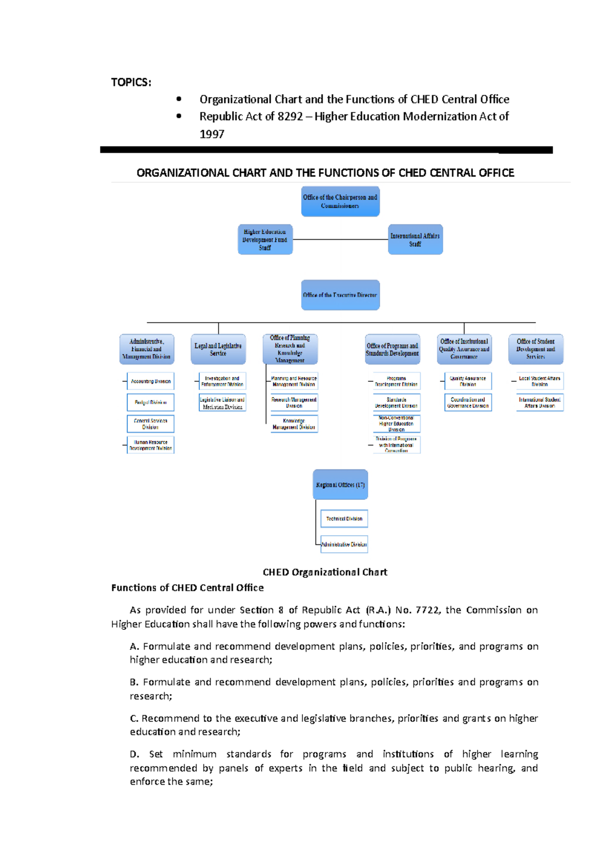 Functions and Structure of CHED Central Office under RA 8292 - Studocu