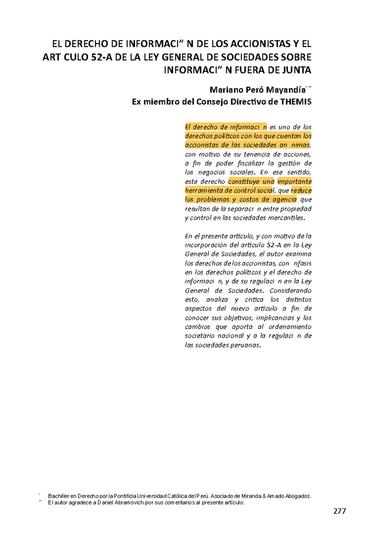 El Derecho de Información de los Accionistas y el Artículo 52-A de la ...