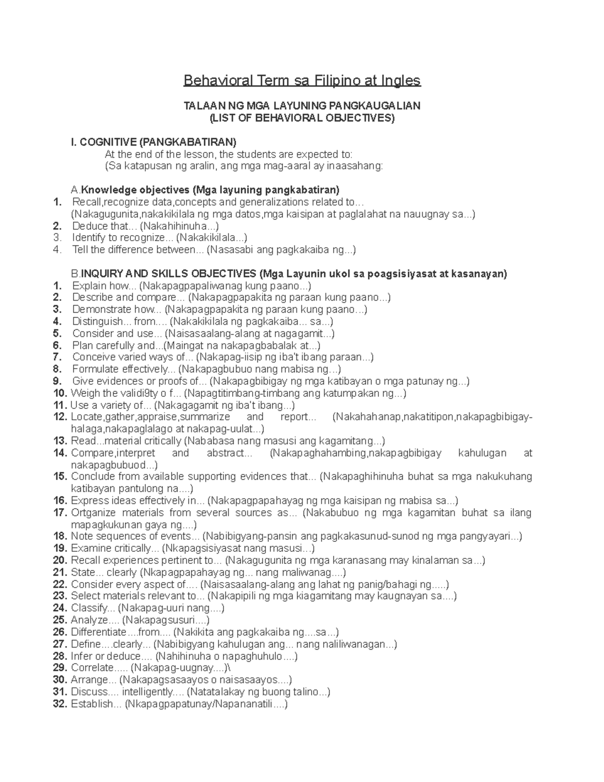 Behavioral Objectives in Filipino and English for TA Class - Studocu